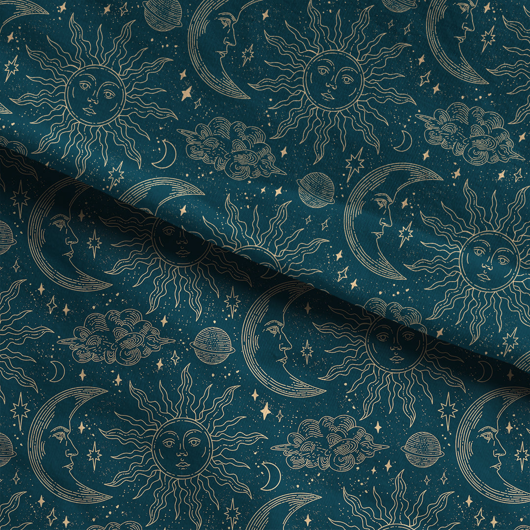 Celestial Nights Teal & Gold Fabric for Pyjamas, crafts, blankets and more – Custom Fabrics UK