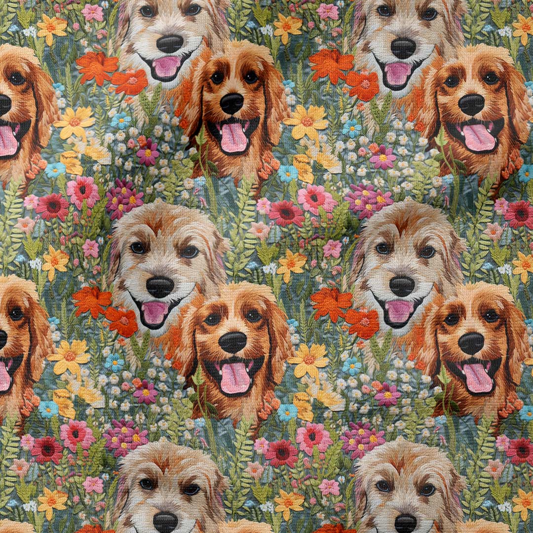 Faux Embroidery Dogs and Flowers design fabric for Outdoor Cushions ...