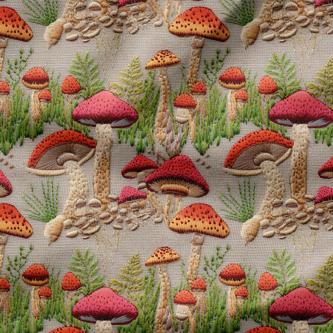 Mushrooms Embroidery effect Fabric for Outdoor Cushions and Crafts ...