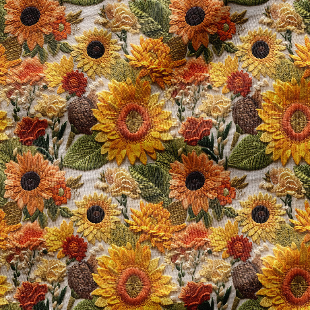 Sunflowers embroidery effect Fabric for Outdoor Cushions and Crafts ...