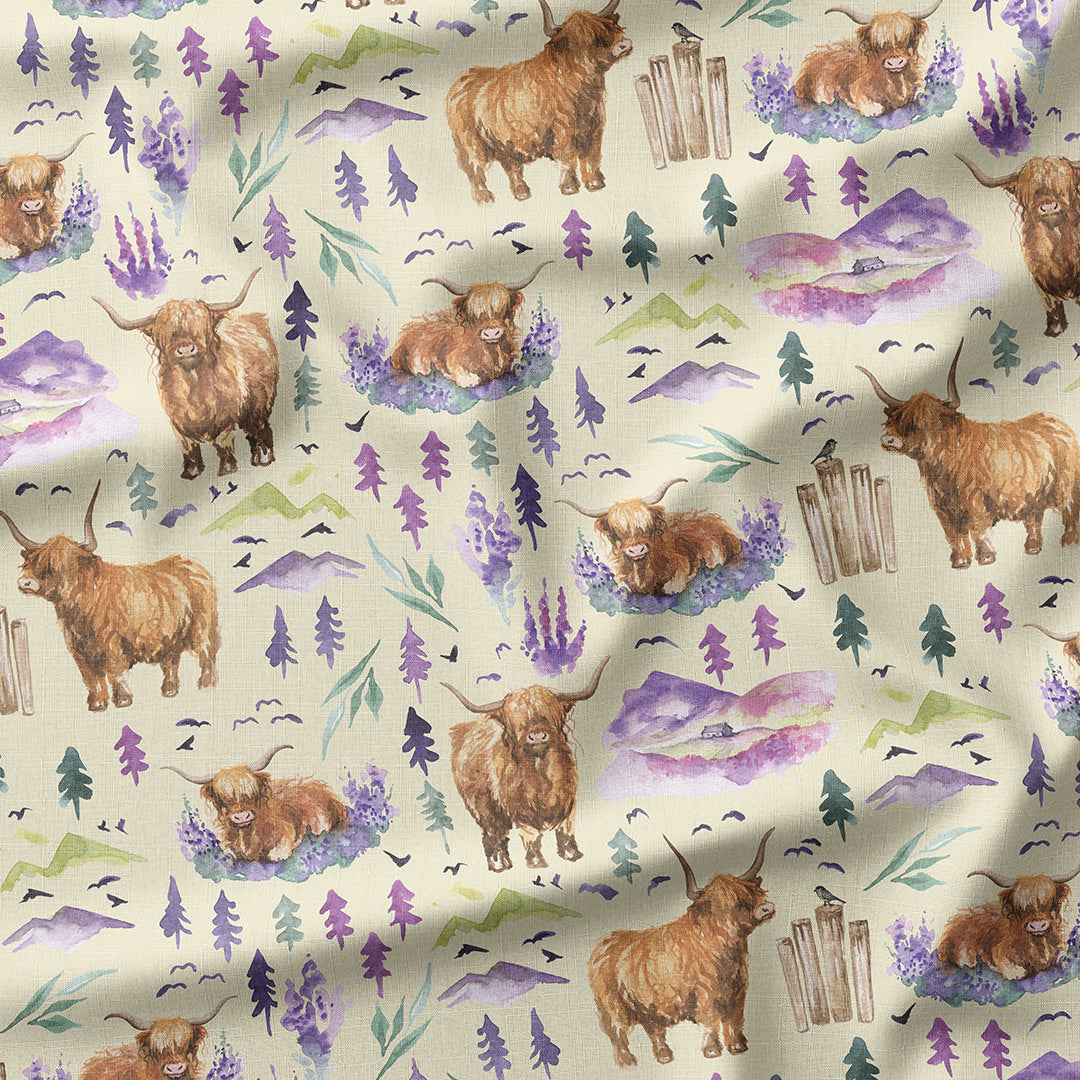 Scottish Highland Cow fabric for Outdoor Cushions, Dressmaking, Crafts ...