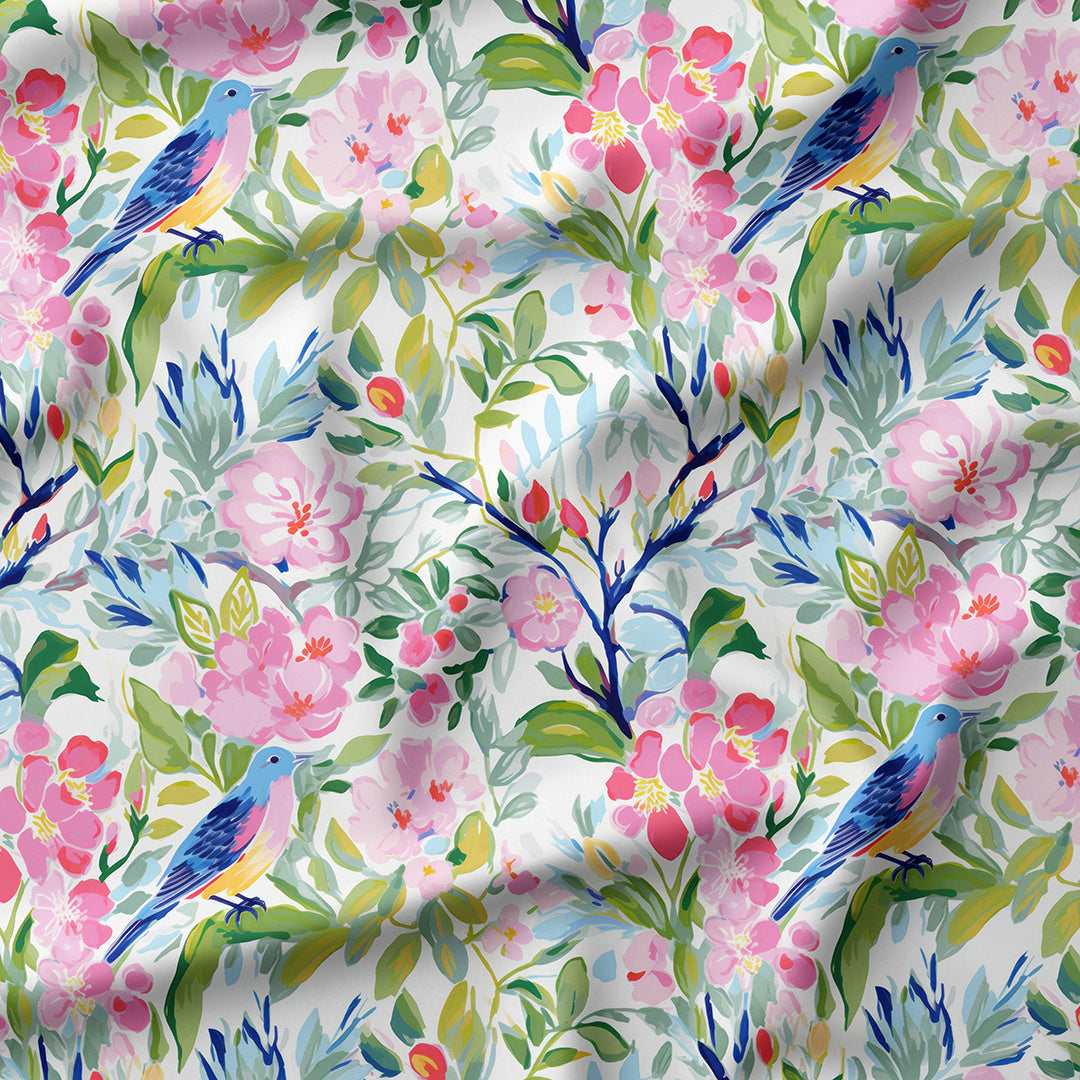 Summer Bird and Floral design fabric for Outdoor Cushions, Dressmaking ...