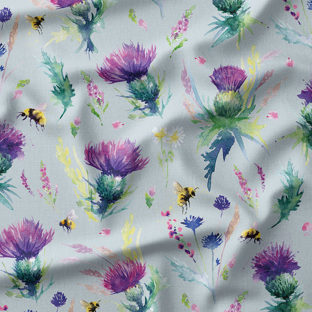 Scottish Thistle and Bee Blue Grey fabric for Outdoor Cushions ...
