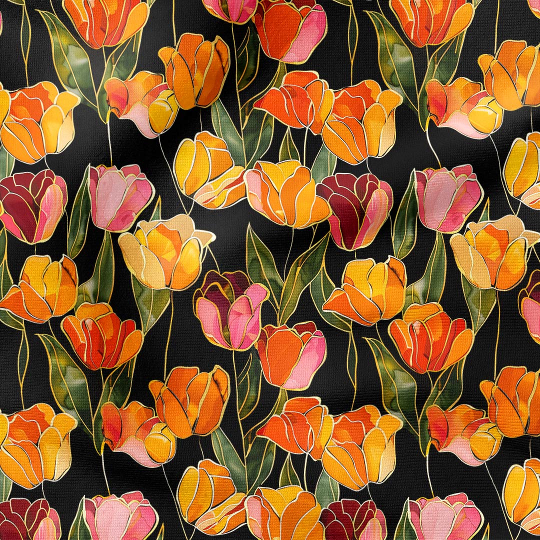 Tulips On Black fabric for Upholstery, Outdoor cushions, Home Decor ...